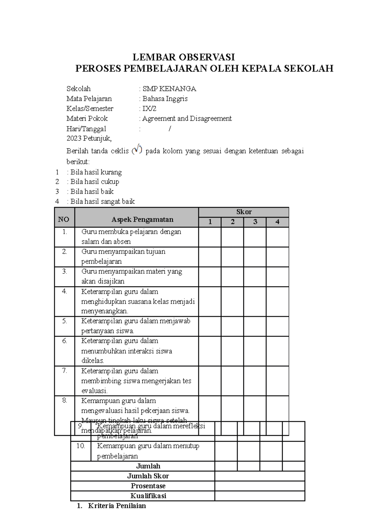Lembar Observasi Kepala Sekolah - LEMBAR OBSERVASI PEROSES PEMBELAJARAN ...