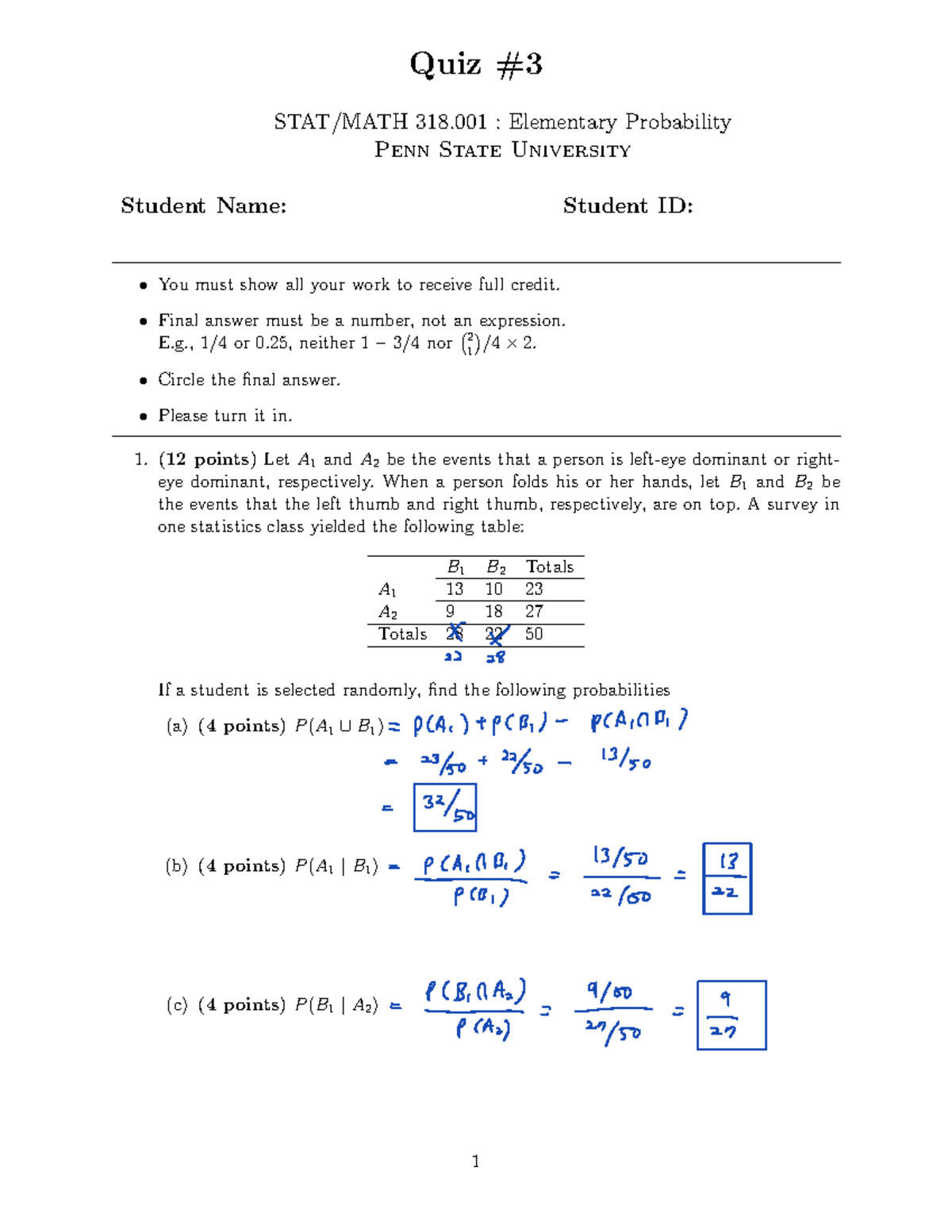 Quiz 03 sol - quiz 3 question and solution - Quiz ####### STAT/MATH 318 ...