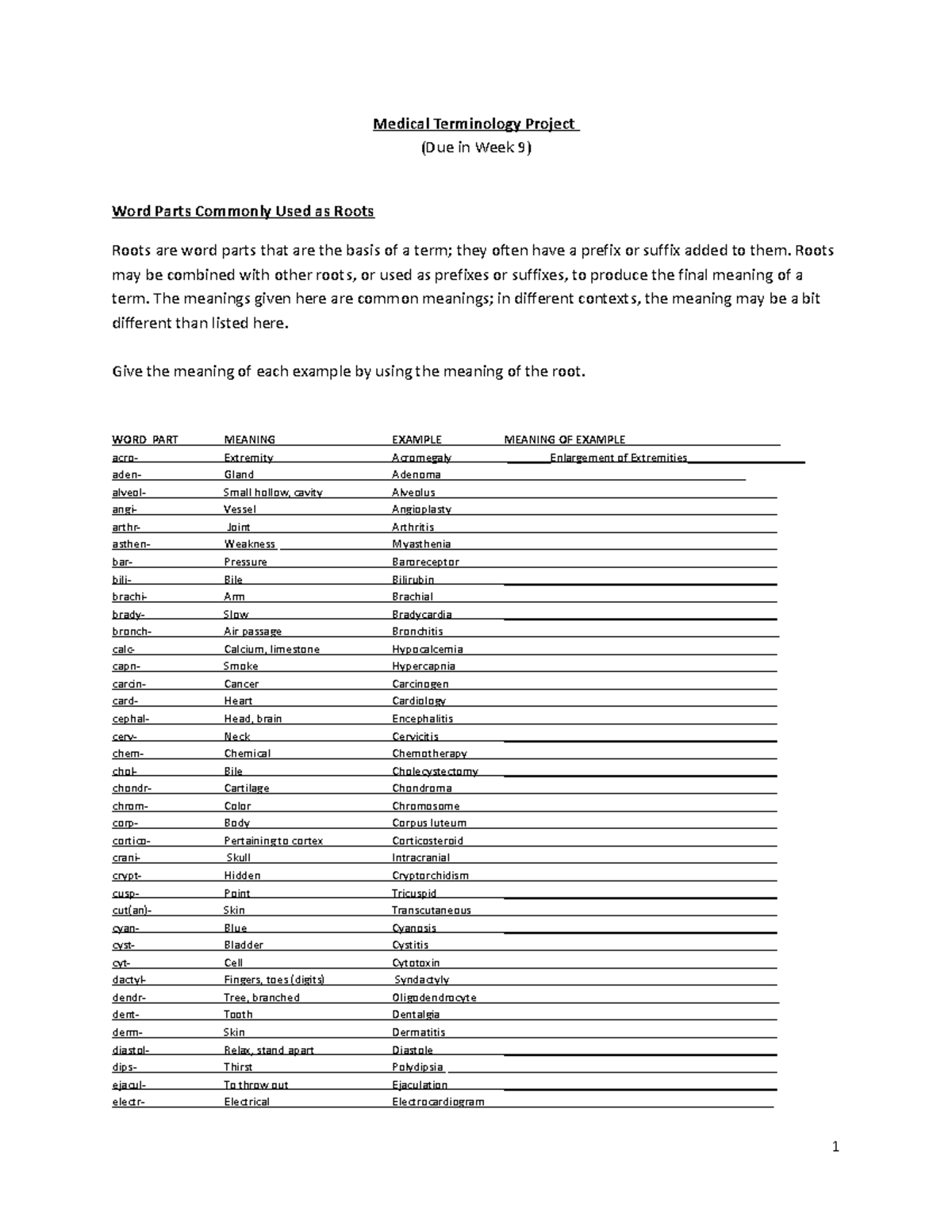 Medical Terminology Project - Roots may be combined with other roots ...