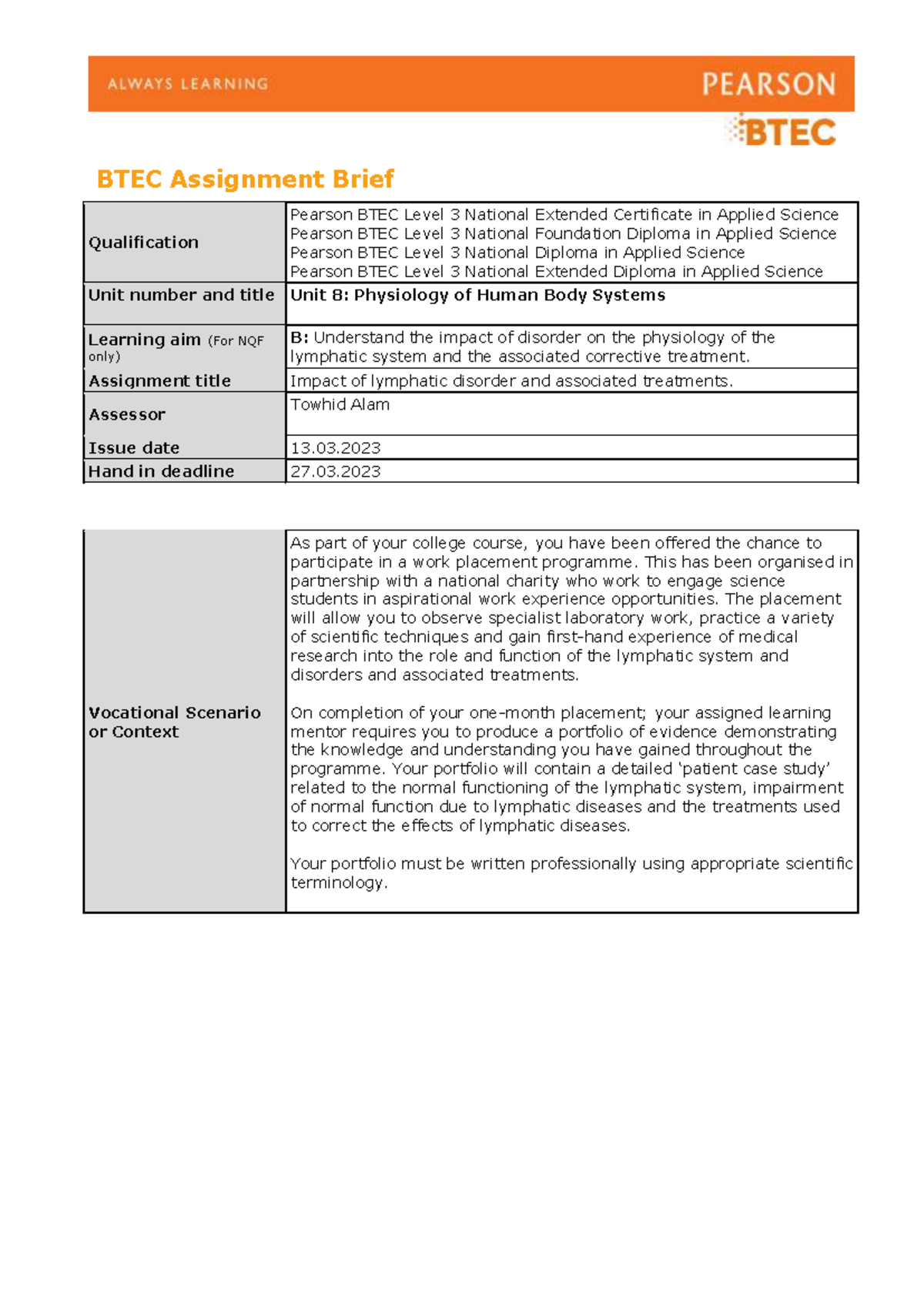Assignment Brief Learning Aim B Physiology of Human Body Systems - BTEC ...