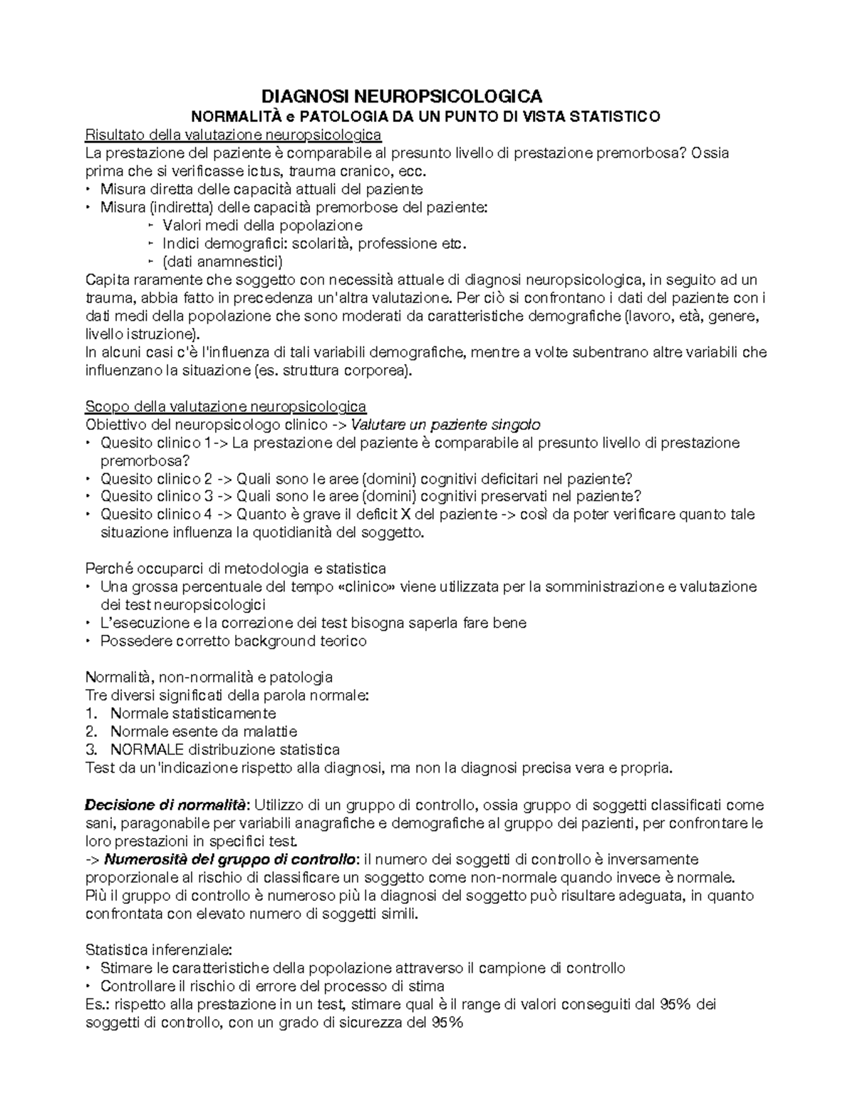 Diagnosi Neuropsi Statistica - DIAGNOSI NEUROPSICOLOGICA NORMALITÀ e ...