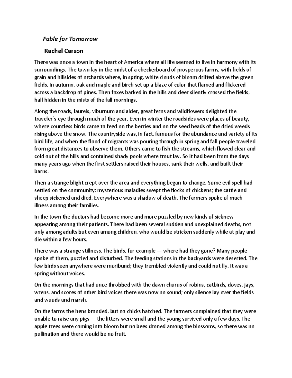 Reading 1 - Lecture notes 1 - Fable for Tomorrow Rachel Carson There ...