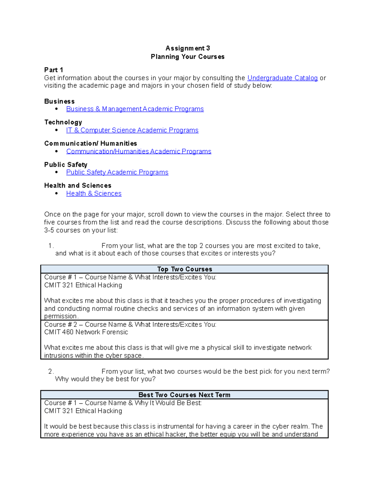 PACE 100 Assignment 3 - Planning Your Courses - Complete - Assignment 3 Planning Your Courses ...