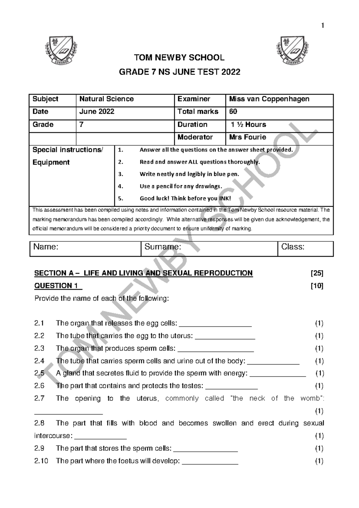 Grade 7 NS Exam June 2022 - TOM NEWBY SCHOOL GRADE 7 NS JUNE TEST 2022 ...
