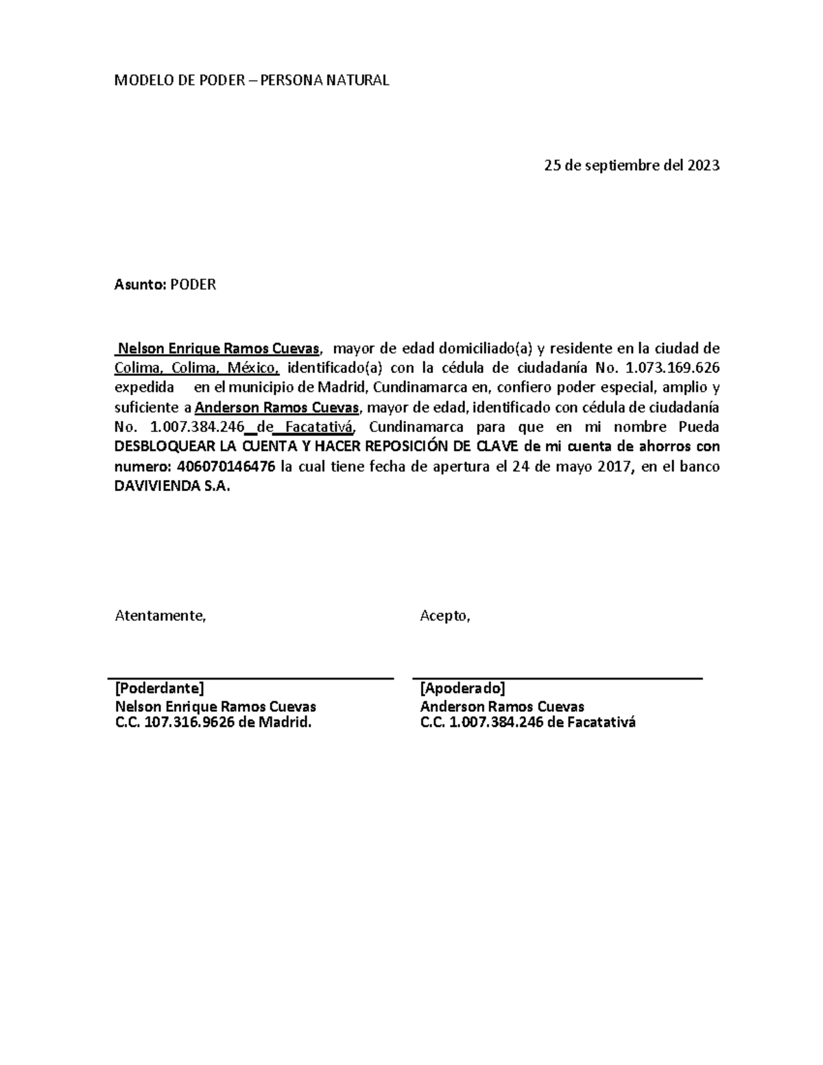 Modelo Poder Persona Natural Modificado - MODELO DE PODER – PERSONA NATURAL 25 de septiembre del ...