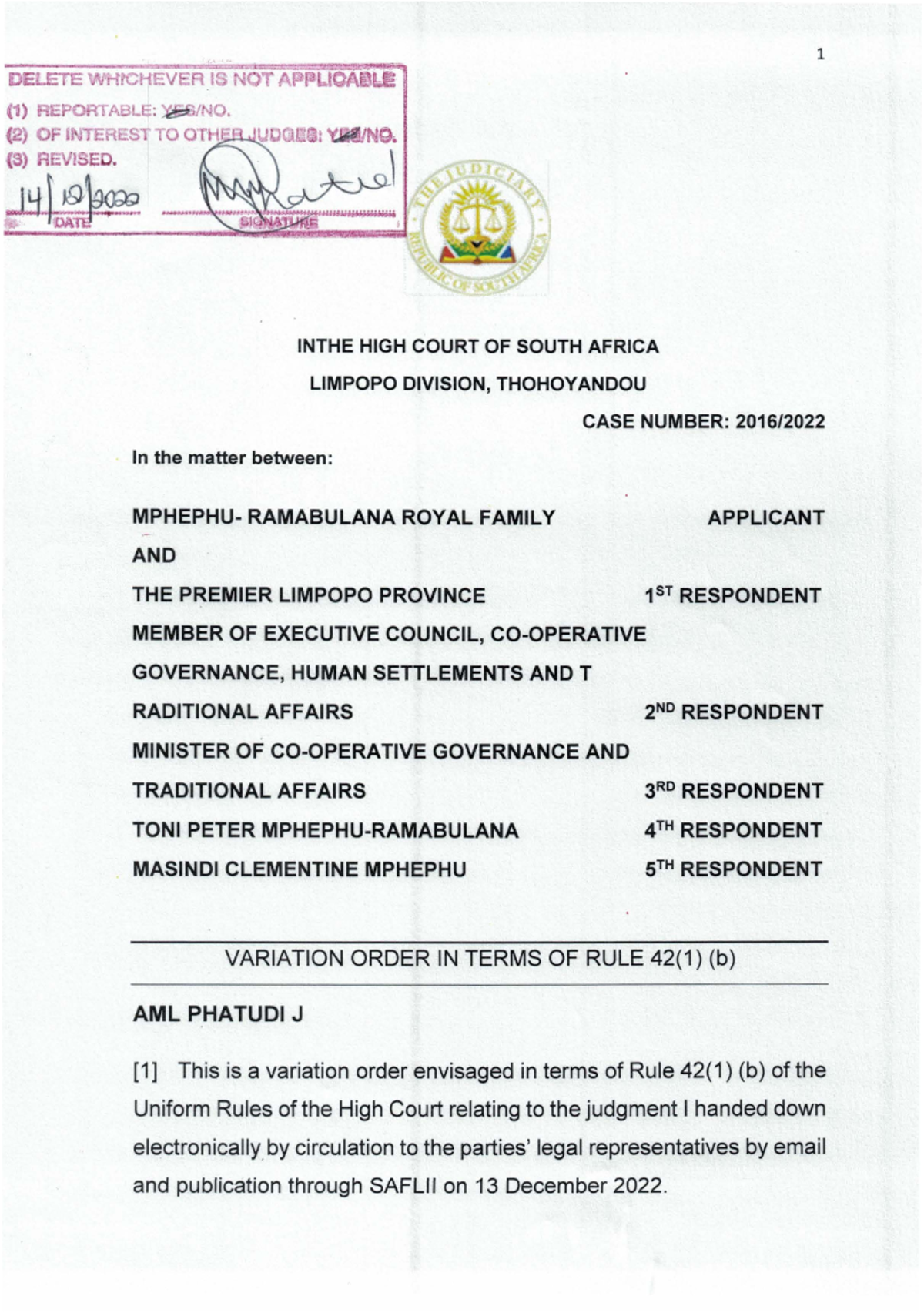 12 - variation of court order - INTHE HIGH COURT OF SOUTH AFRICA LIMPOPO DIVISION, THOHOYANDOU ...