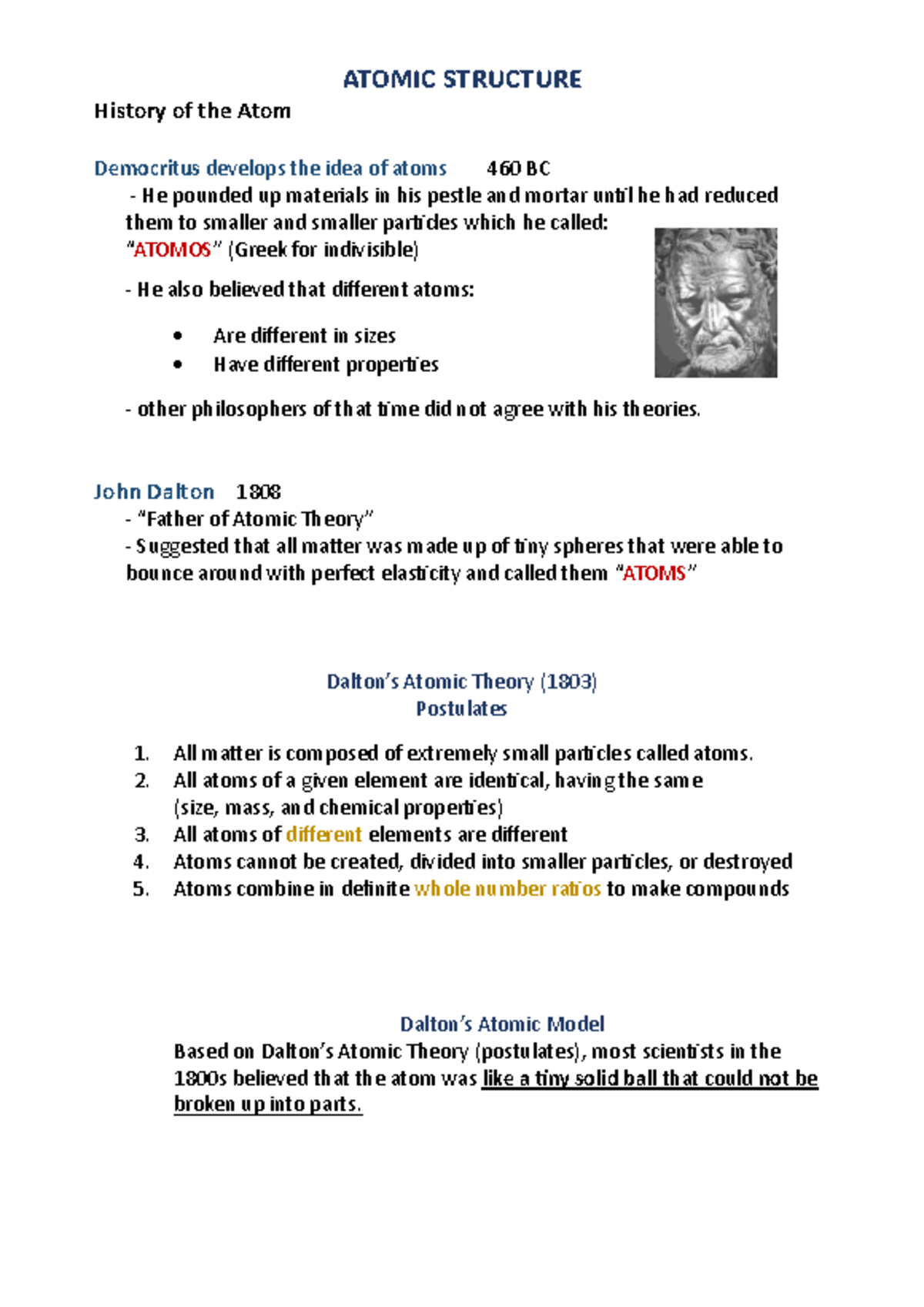 Notes IN GEN CHEM Finals - ATOMIC STRUCTURE History of the Atom ...