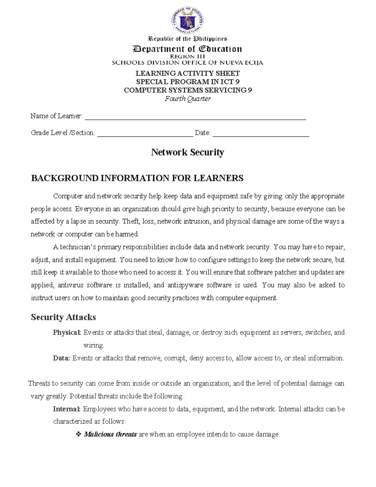 CSS 4th Quarter - LEARNING ACTIVITY SHEET SPECIAL PROGRAM IN ICT 9 ...