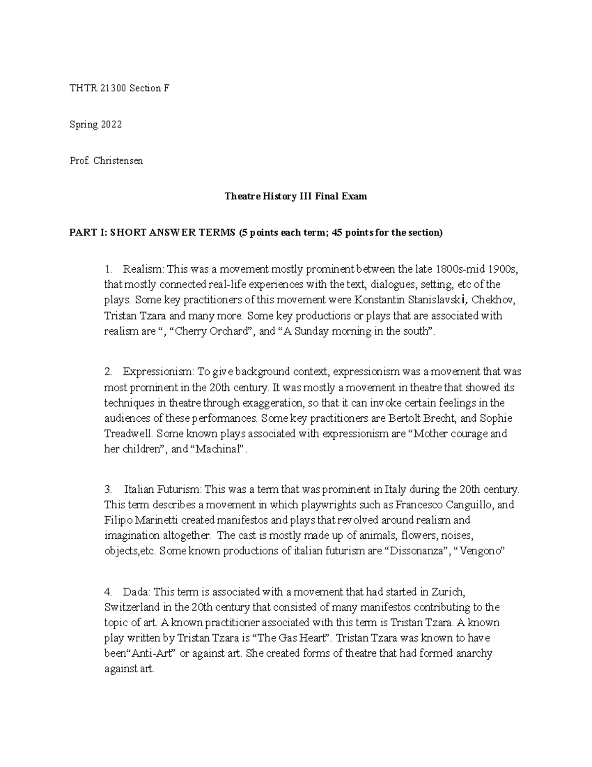 Theatre Final Exam - THTR 21300 Section F Spring 2022 Prof. Christensen ...