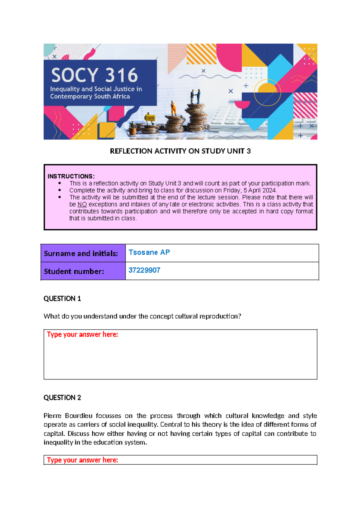 SOCY316 Class Activity SU 3 - REFLECTION ACTIVITY ON STUDY UNIT 3 ...