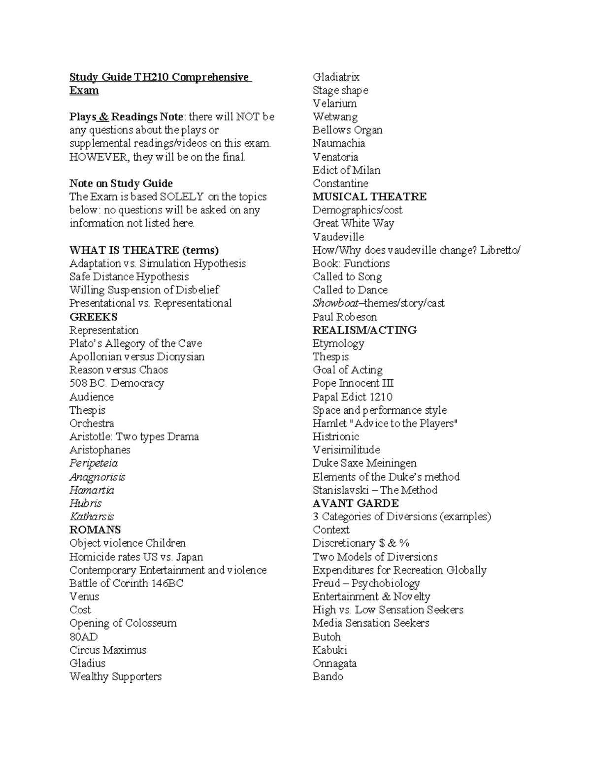 Study Guide TH210 Comprehensive Exam FALL 24-1 - Study Guide TH210 ...