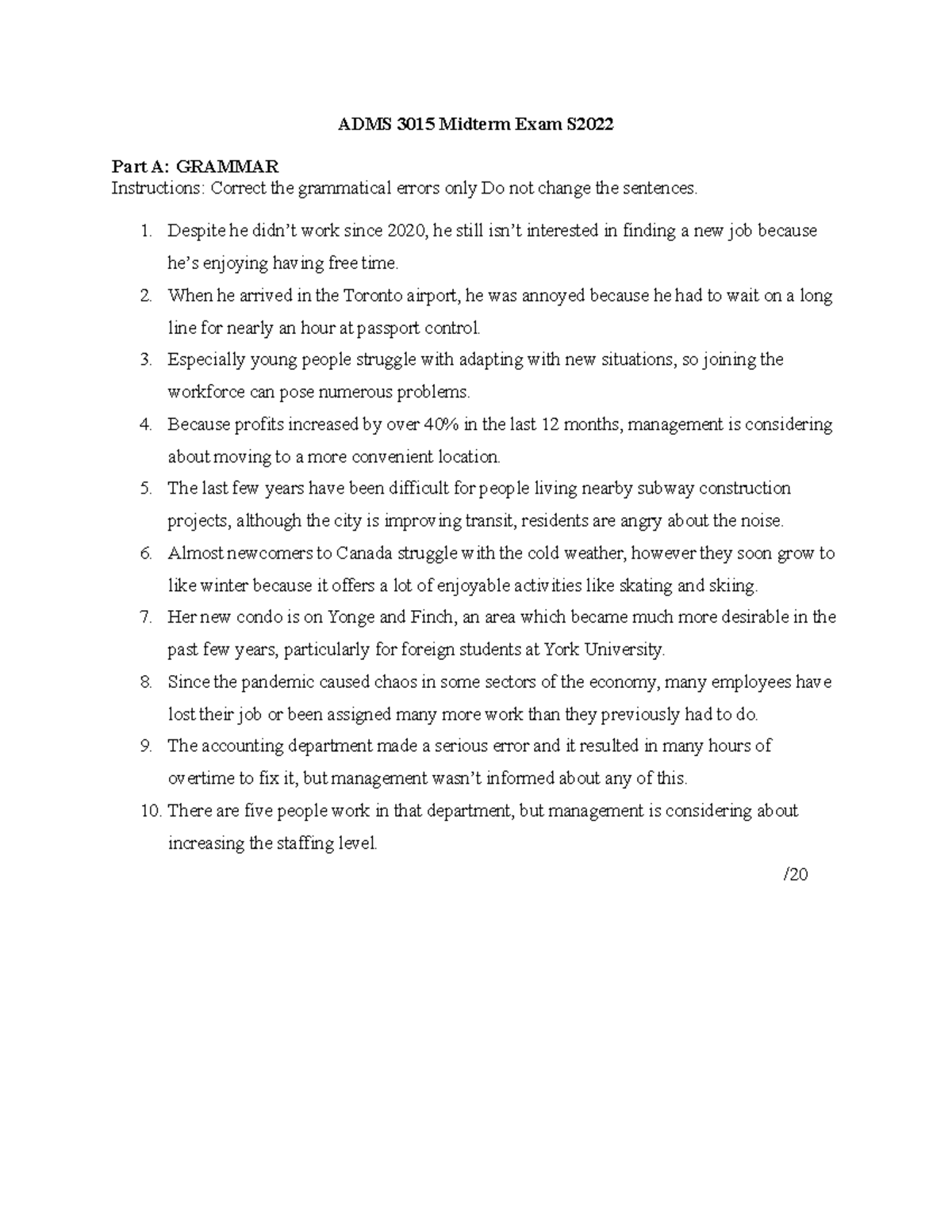 Midterm Grammar - ADMS 3015 Midterm Exam S Part A: GRAMMAR Instructions ...