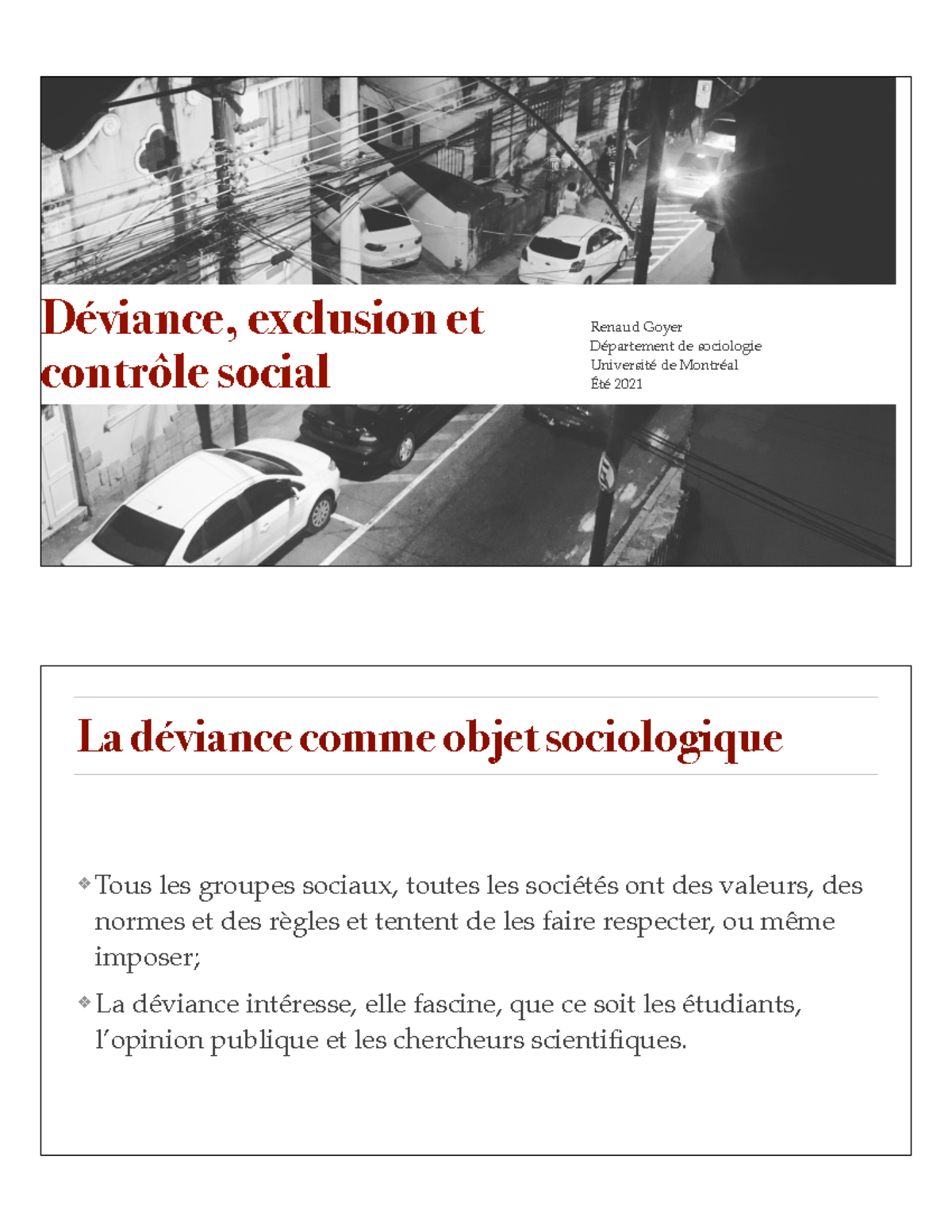 Cours #1-PDF - Déviance, exclusion et contrôle social Renaud Goyer ...