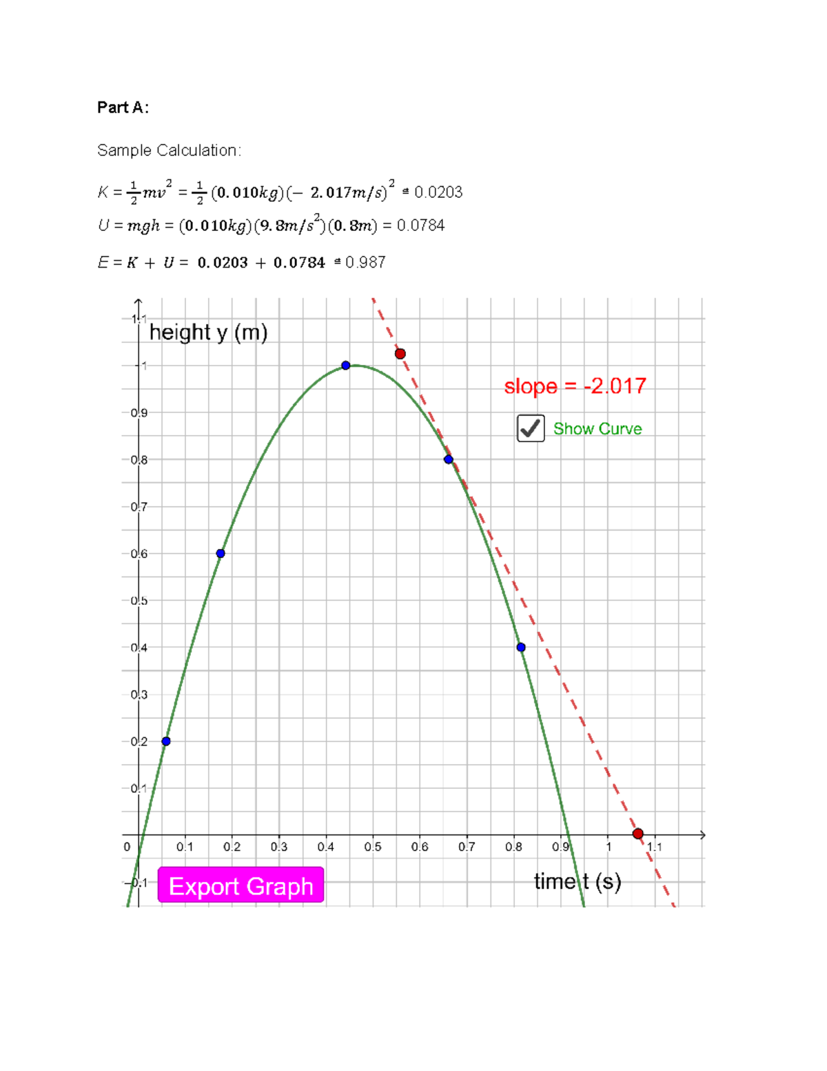 Physics Lab #2 - Part A: Sample Calculation: K = 12 𝑚𝑣 2 = 12 (0. 010𝑘𝑔 ...