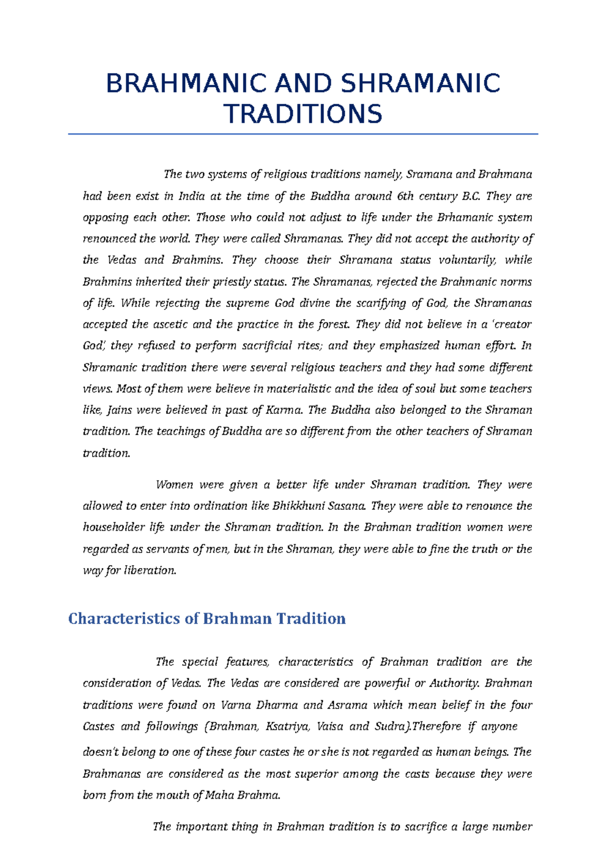 Brahmanic AND Shramanic Traditions - BRAHMANIC AND SHRAMANIC TRADITIONS ...