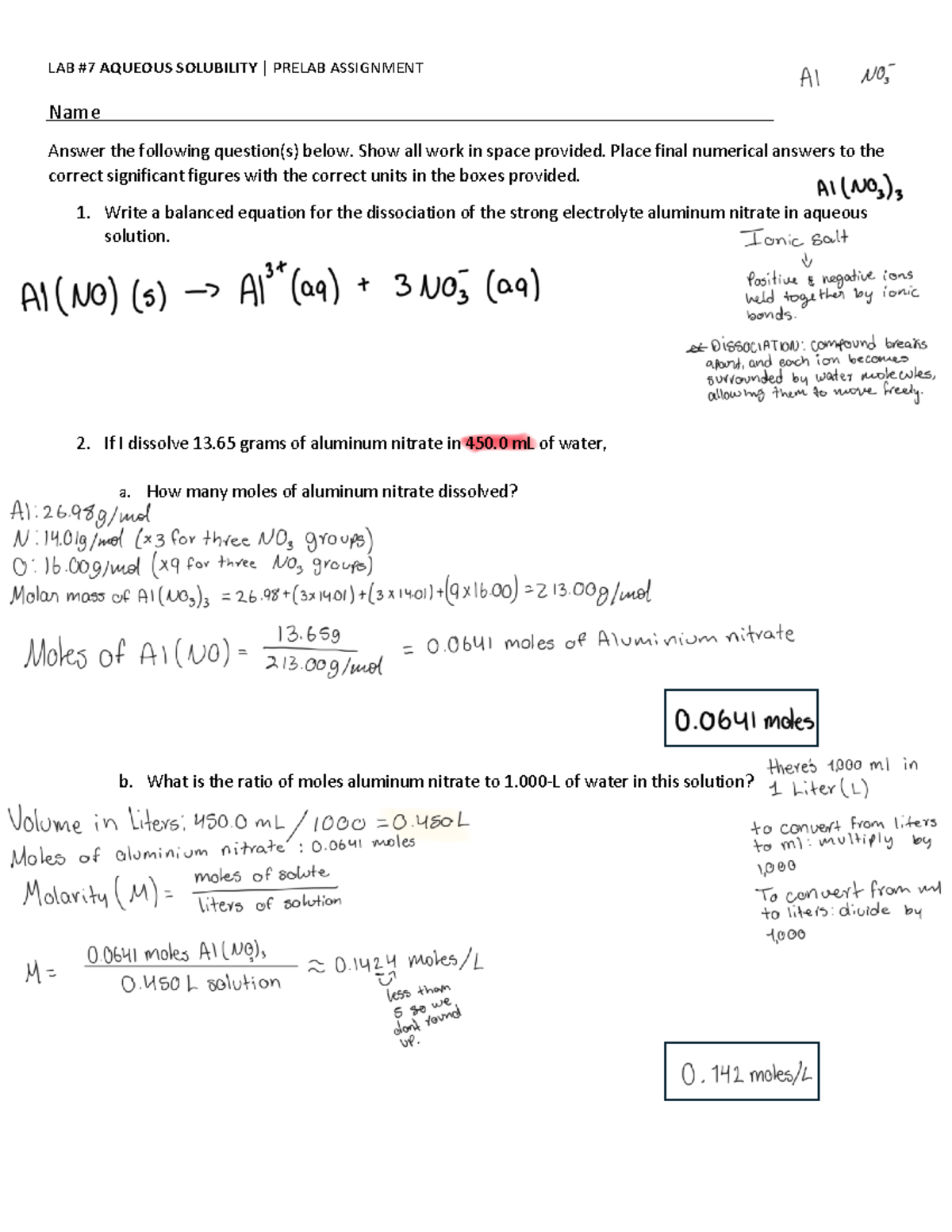 FA 2024 Solubility Prelab 2 - LAB # 7 AQUEOUS SOLUBILITY | PRELAB ...