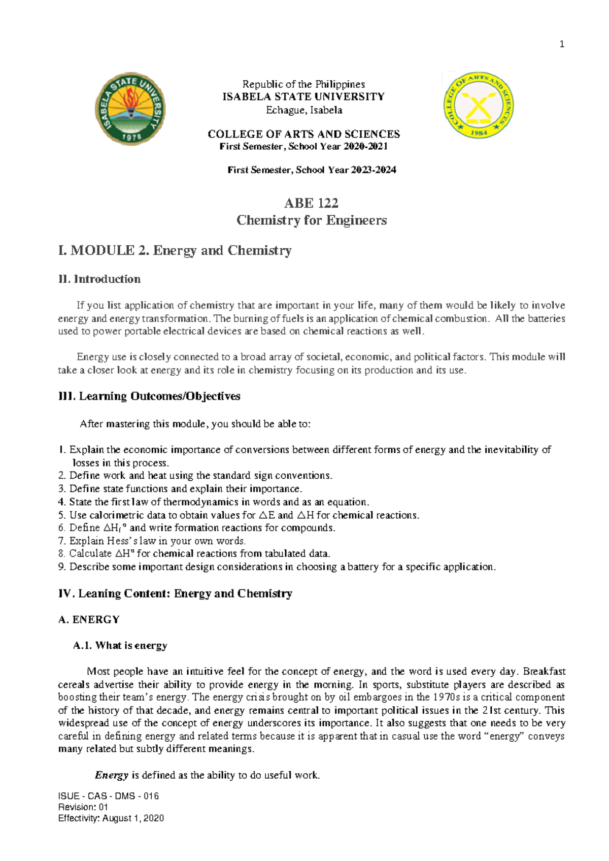 Bsabe-122- Module-2 Energy-AND- Chemistry - ISUE - CAS - DMS - 016 ...