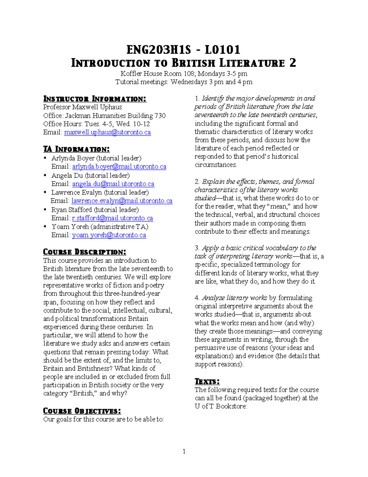 ENG203H1 S syllabus-1 - ENG203: INTRO TO BRIT LIT 2 Maxwell Uphaus ...
