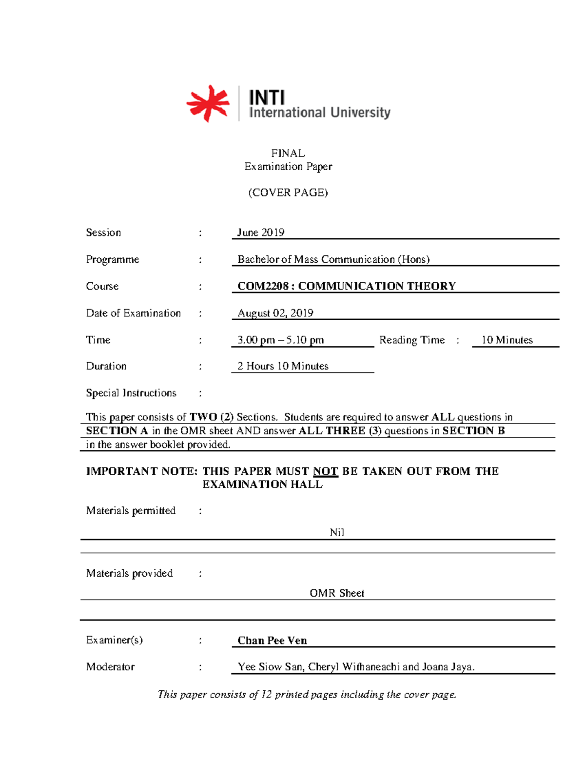 Final exam past year paper COM2208 - FINAL Examination Paper (COVER ...