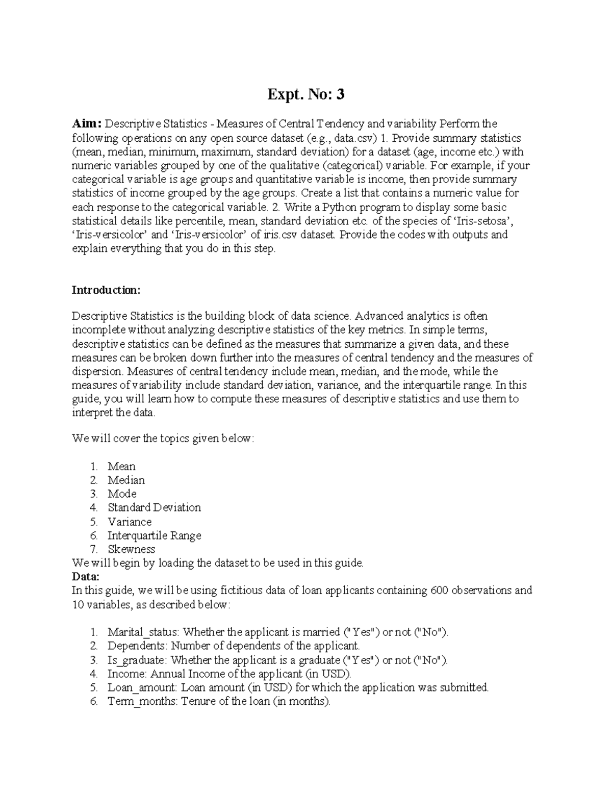 Expt 3 Dsbda - BVCJ GFD - Expt. No: 3 Aim: Descriptive Statistics ...