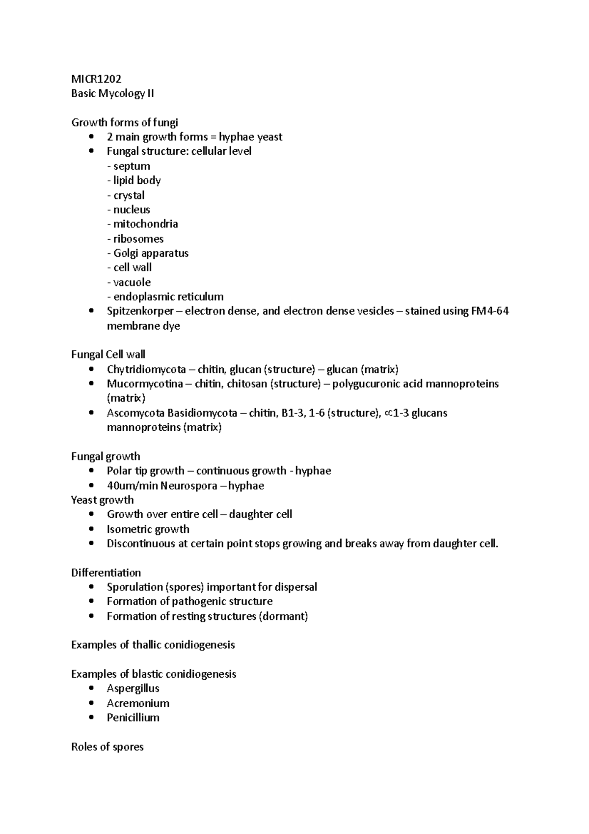 Basic mycology II - micr1202 introduction to microbiology notes - MICR ...