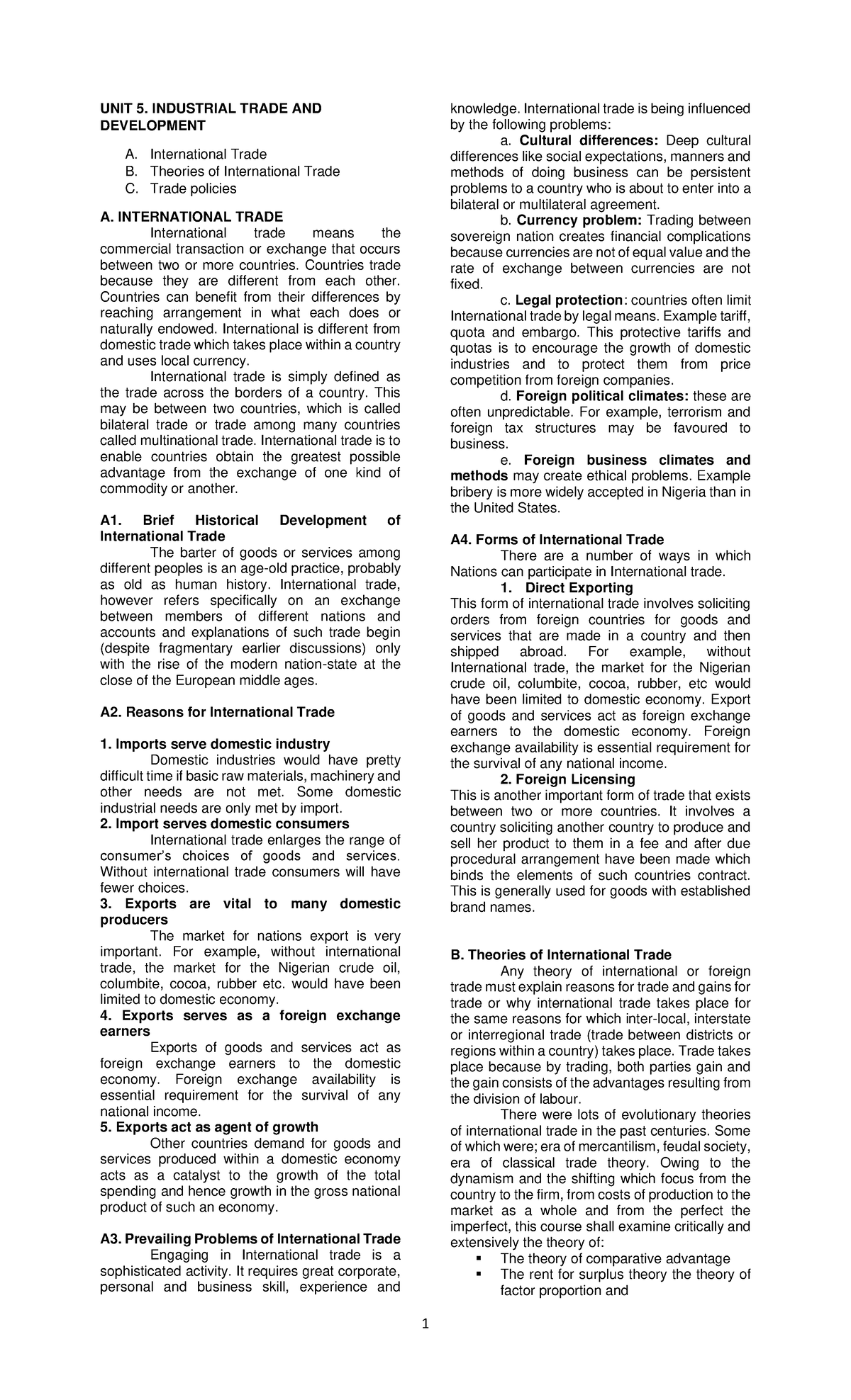 Economic Development - UNIT 5. INDUSTRIAL TRADE AND DEVELOPMENT A ...