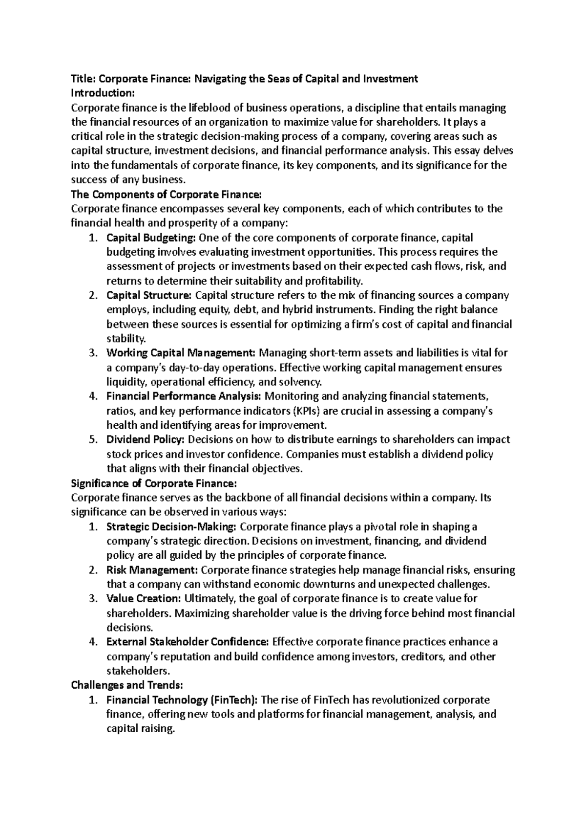 Corporate Finance Essay - Title: Corporate Finance: Navigating the Seas ...