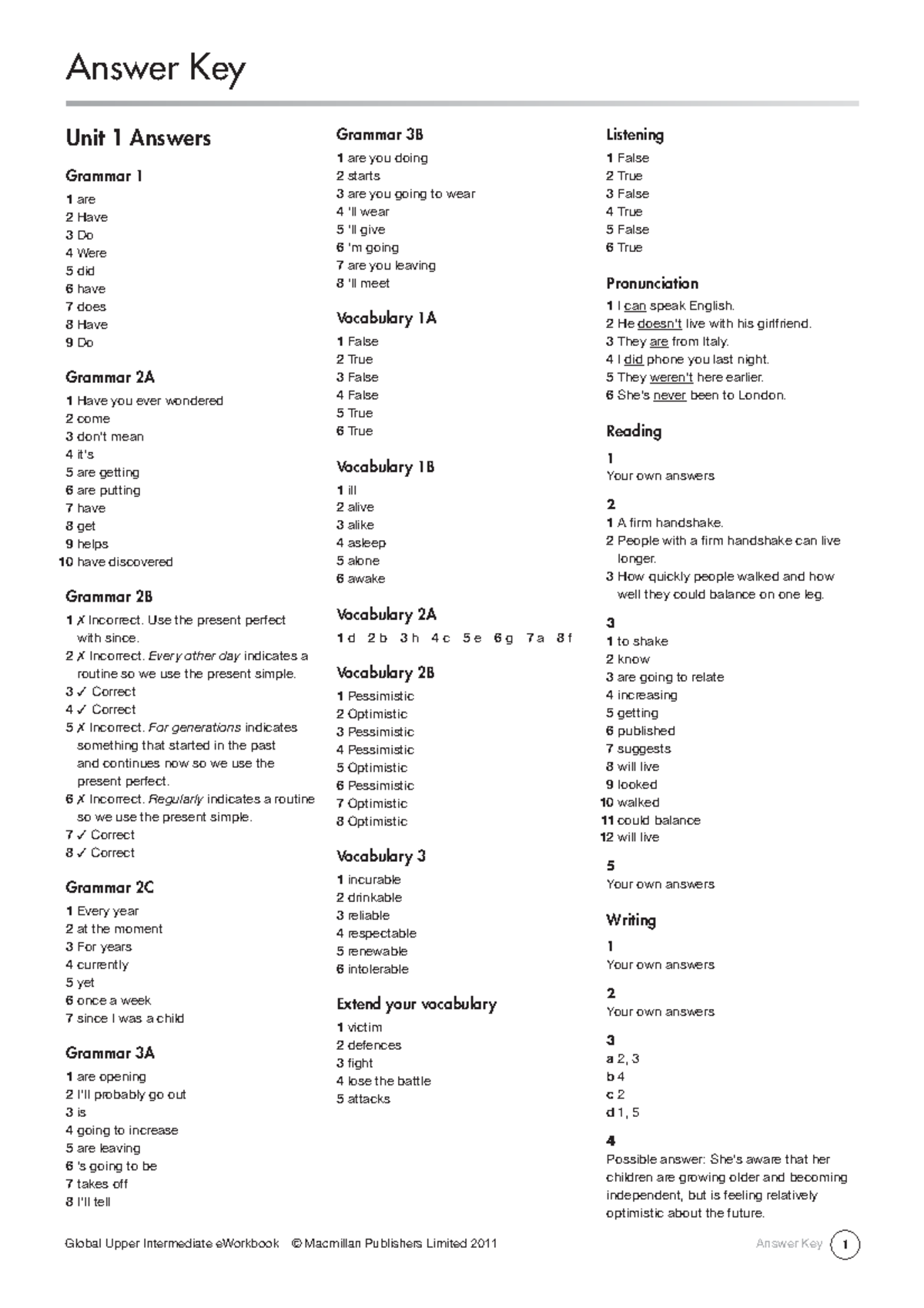 325582600-Answer-Key - Unit 1 Answers Grammar 1 1 are 2 Have 3 Do 4 Were 5 did 6 have 7 does 8 ...