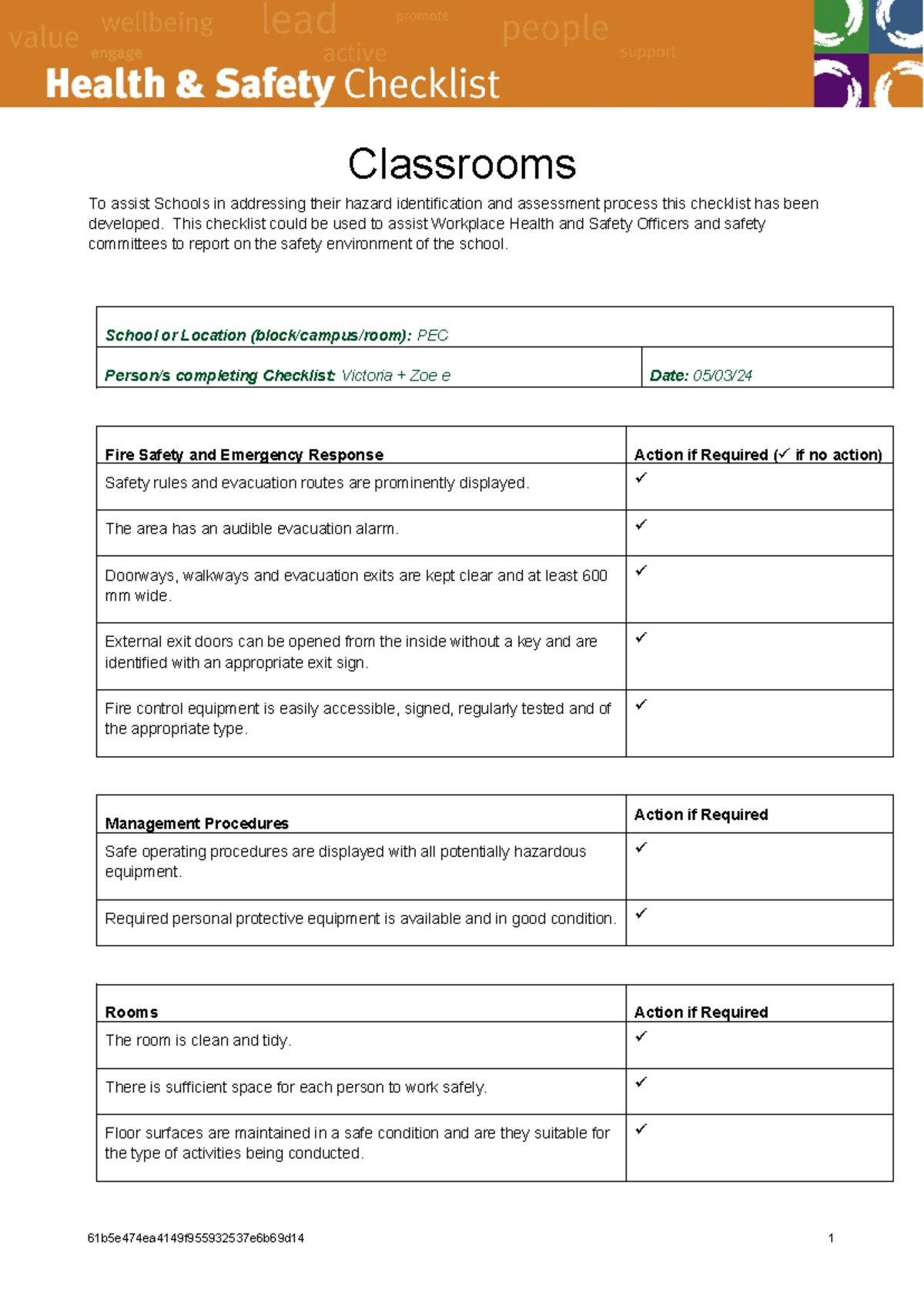 WHS Checklist - PEC - Classrooms To assist Schools in addressing their ...