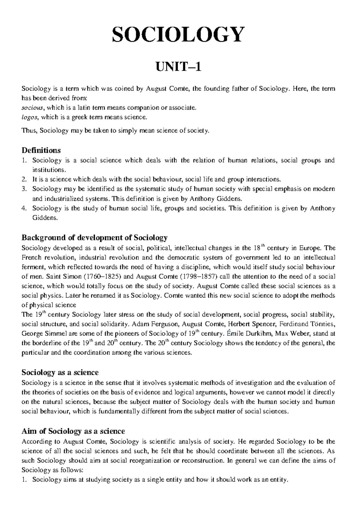 Sociology unit 1 ,2 - SOCIOLOGY UNIT– 1 Sociology is a term which was ...