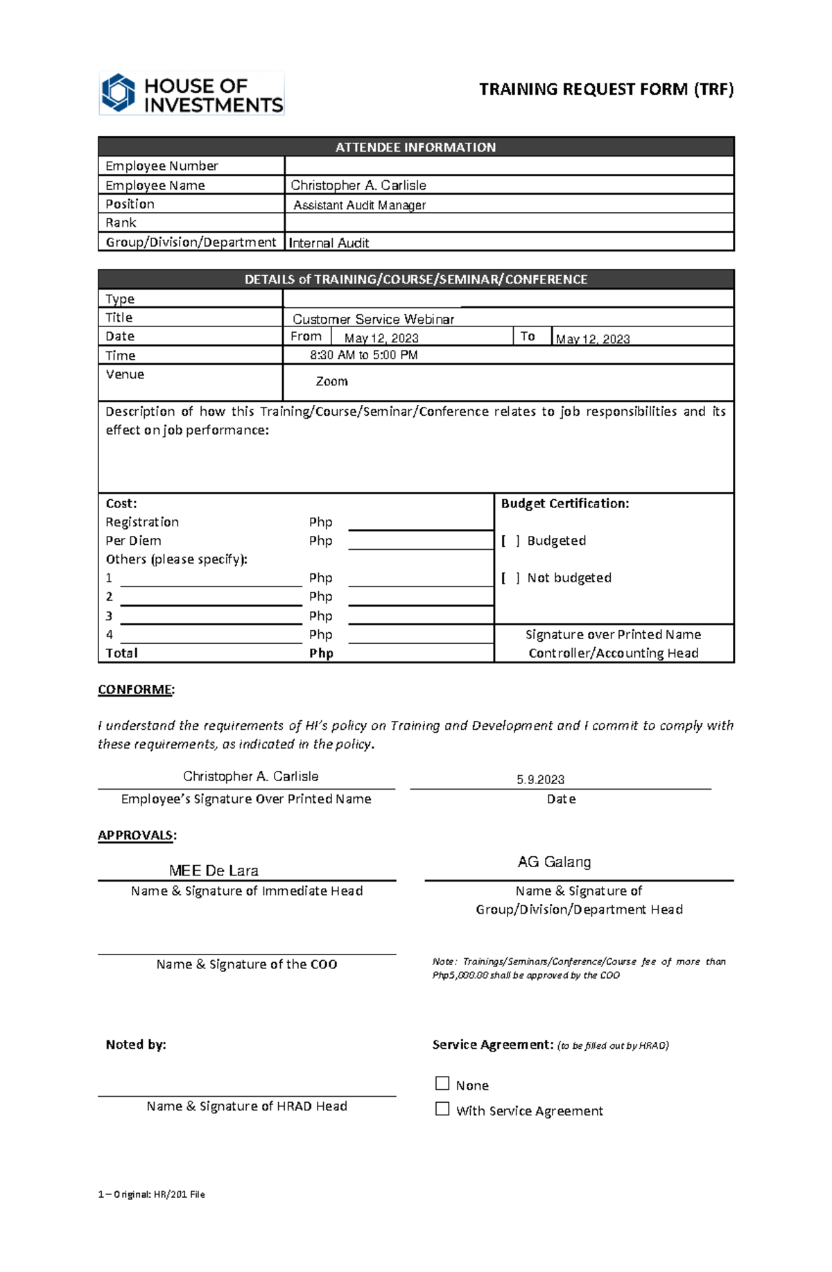 CAC - na file - TRAINING REQUEST FORM (TRF) 1 – Original: HR/201 File ...