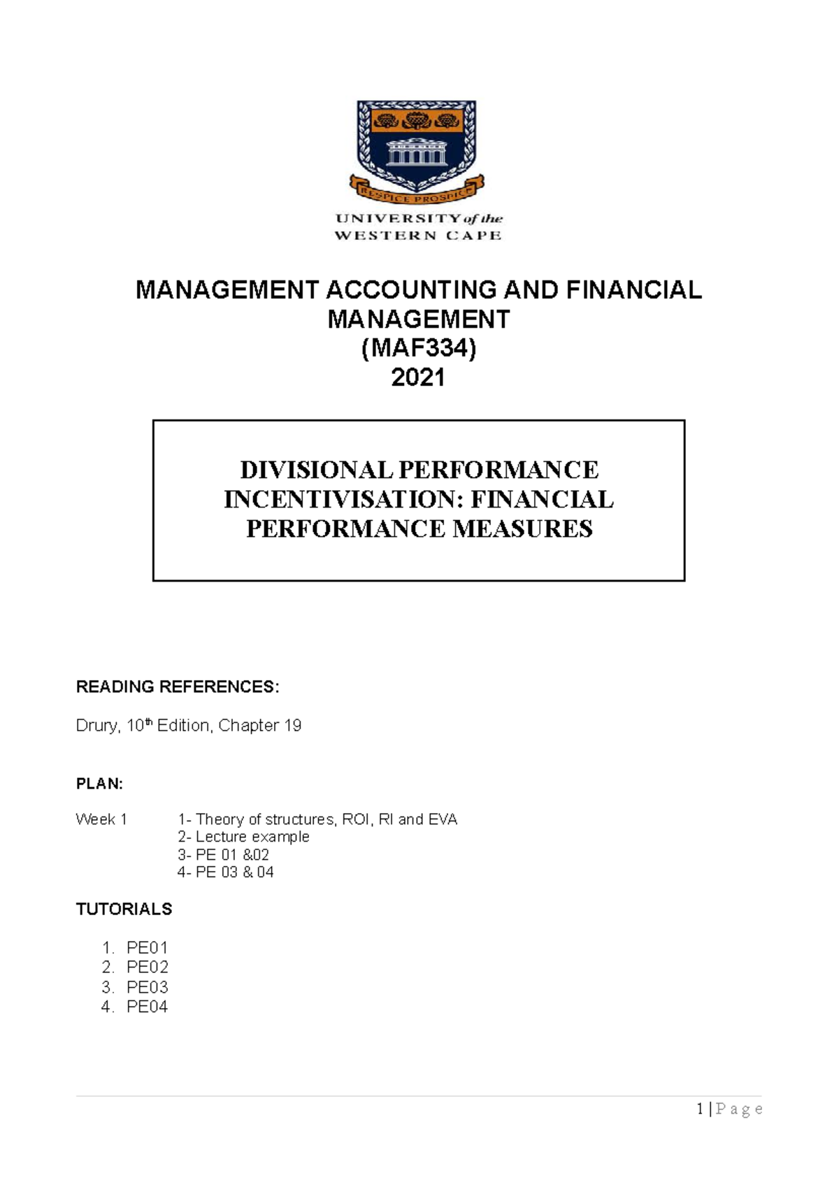 Module Divisional Performance 2021 MAF - MANAGEMENT ACCOUNTING AND ...