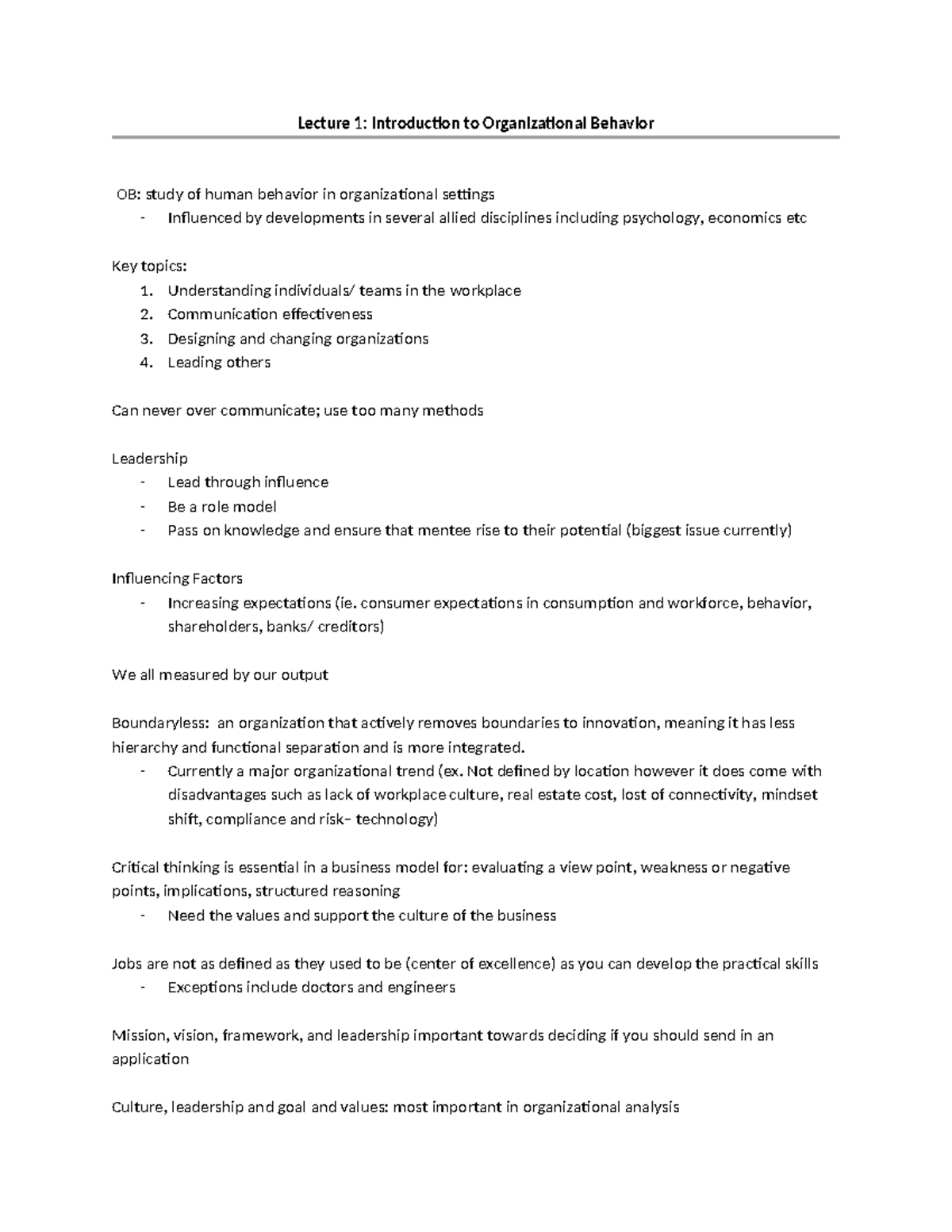 Lecture 1 OB - Notes - Lecture 1: Introduction to Organizational ...