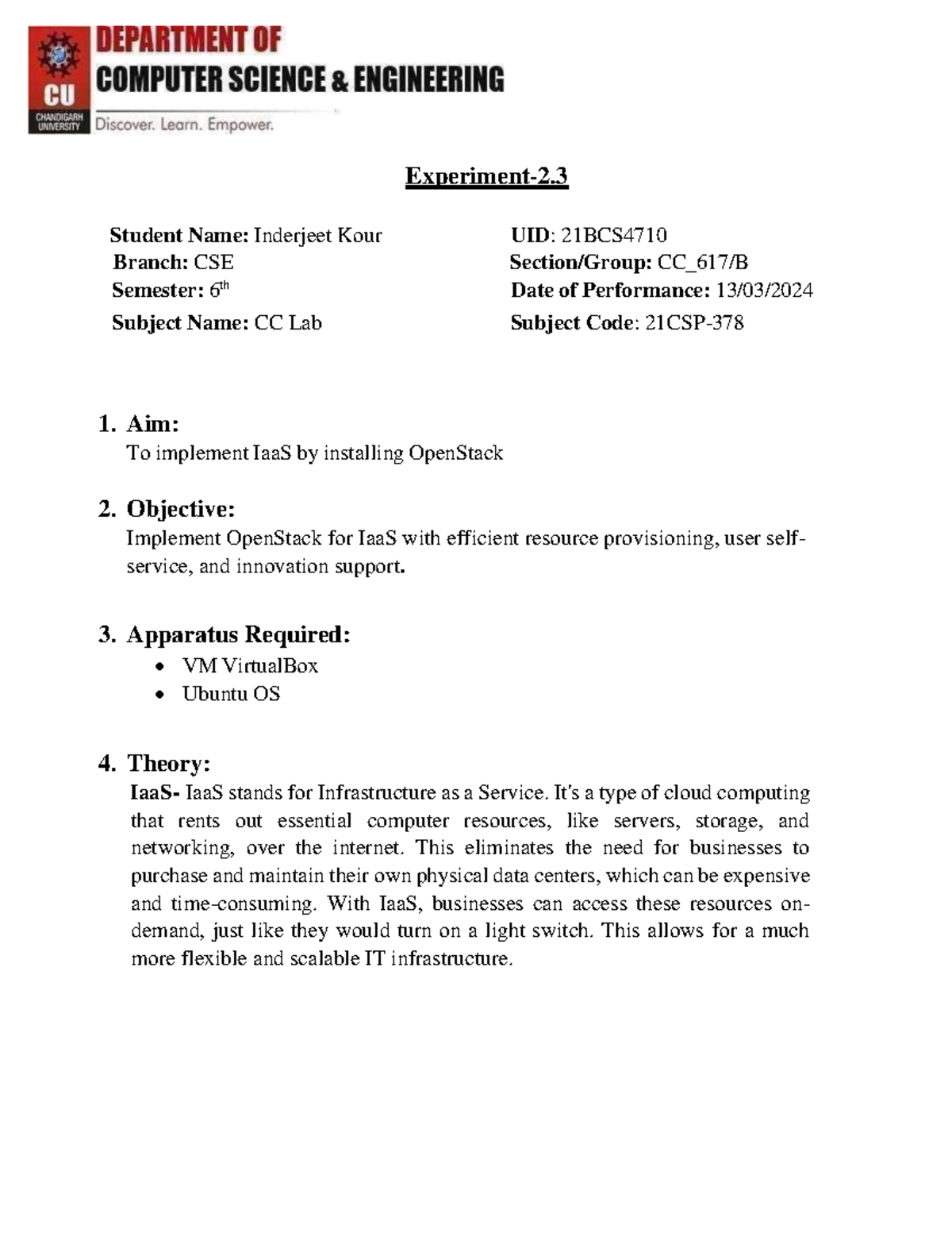 Inder CC 2 - Experiment-2. Student Name: Inderjeet Kour UID: 21BCS 4710 ...