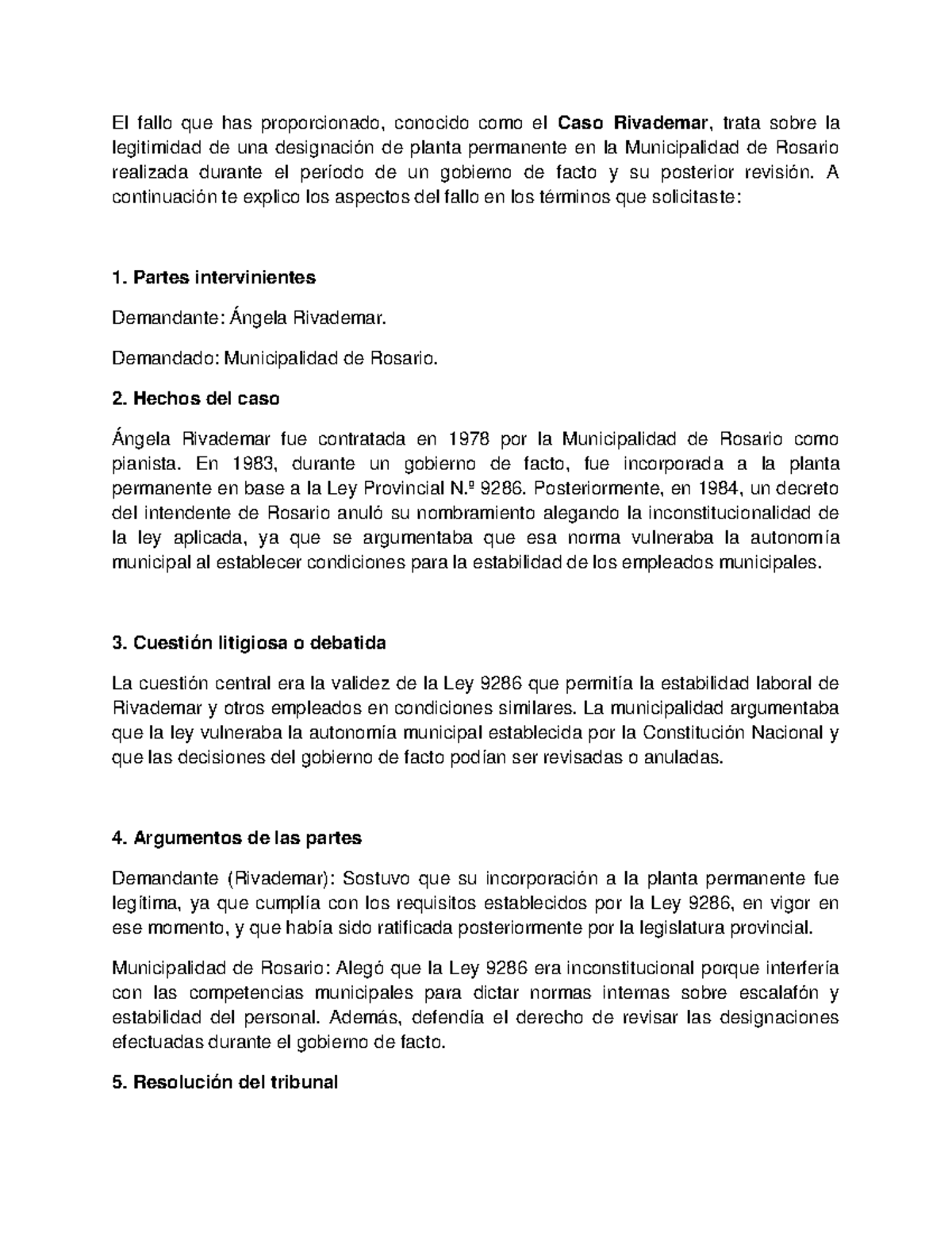 Fallo Rivademar Resumen - El fallo que has proporcionado, conocido como el Caso Rivademar, trata ...