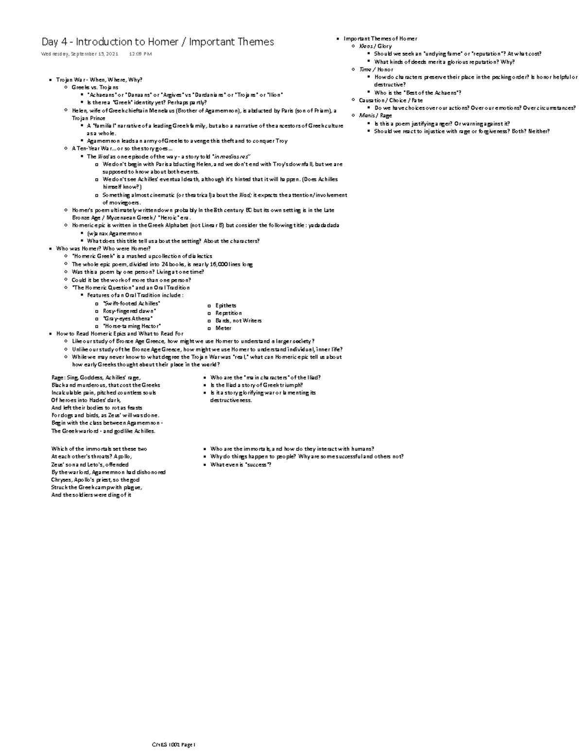 Day 4 - Introduction to Homer Important Themes - Trojan War - When ...