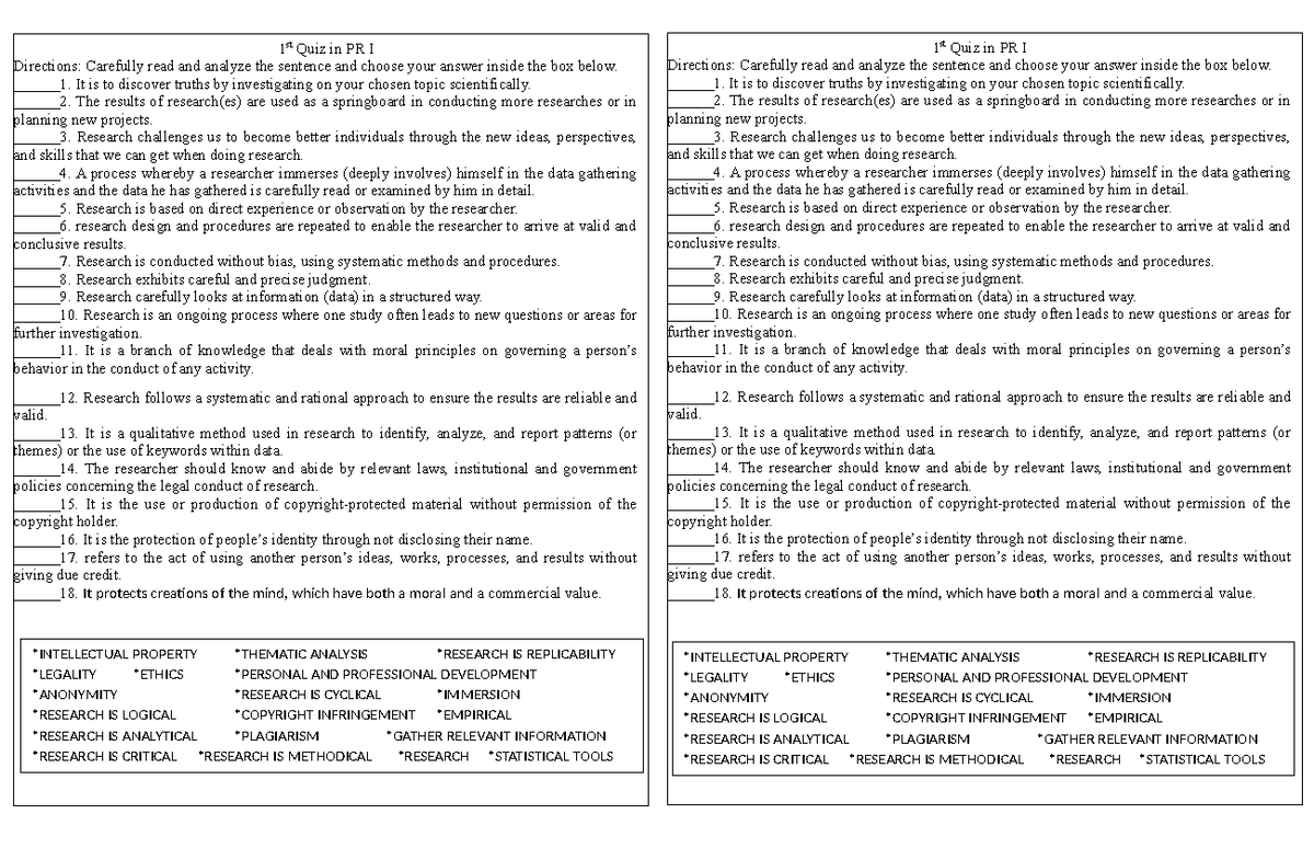 QUIZ IN PR I Questions - 1 st Quiz in PR I Directions: Carefully read ...