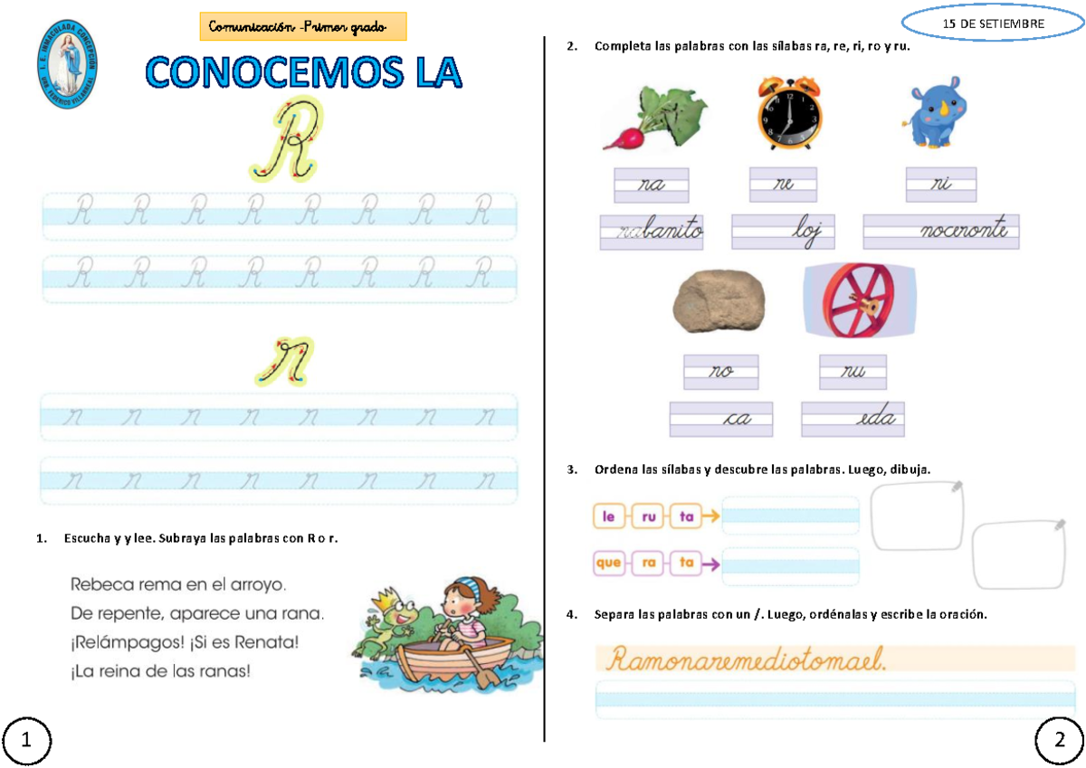 15 Setiembre Ficha DE Trabajo Letra R - 1. Escucha y y lee. Subraya las ...