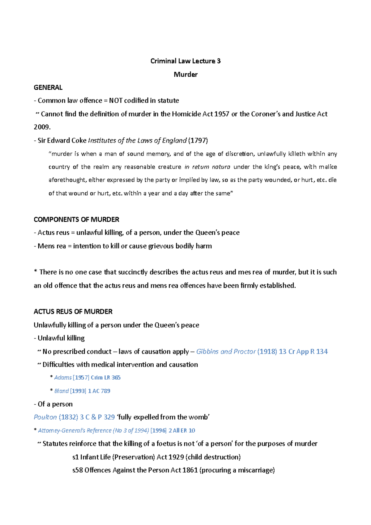 Criminal Law Lecture 3 Notes Criminal Law Lecture 3 Murder General Common Law Offence Not
