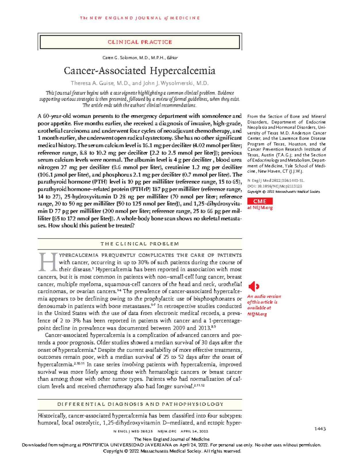 Cancer-Associated Hypercalcemia. NEJM - n engl j med 386;15 nejm April ...