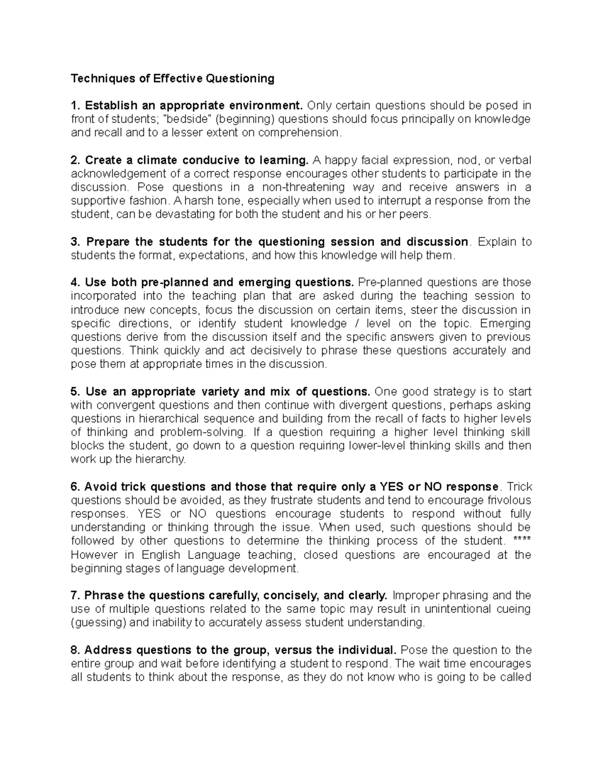 Art of Questioning - Techniques of Effective Questioning Establish an ...