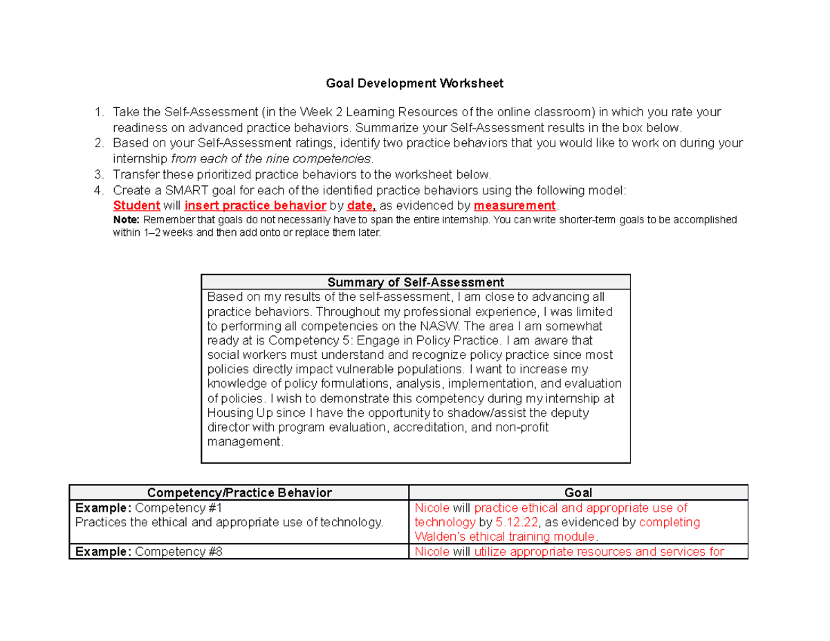 WK2Assgn Greene D - Goal Development Worksheet Take the Self-Assessment ...