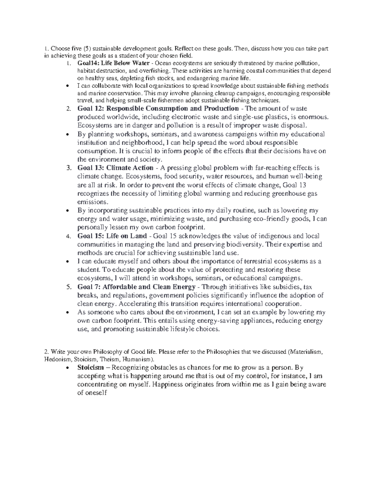 Human Flourishing and the Good life - Choose five (5) sustainable ...