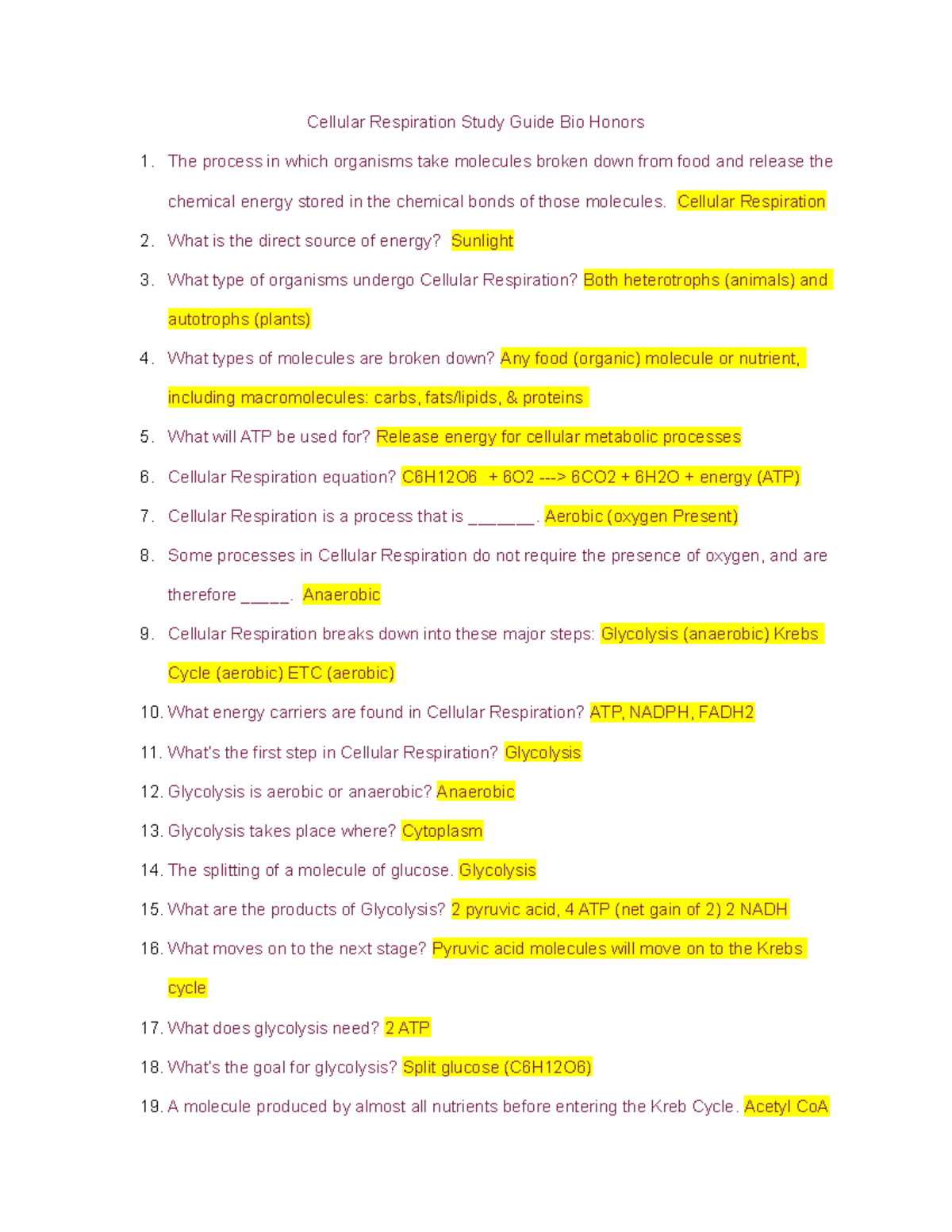 Cellular Respiration Study Guide descriptive - Cellular Respiration ...