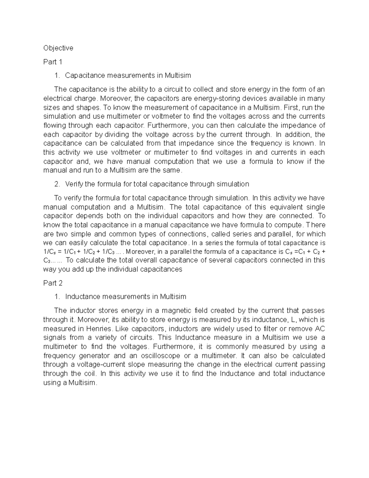 Objective - Objective Part 1 Capacitance measurements in Multisim The ...