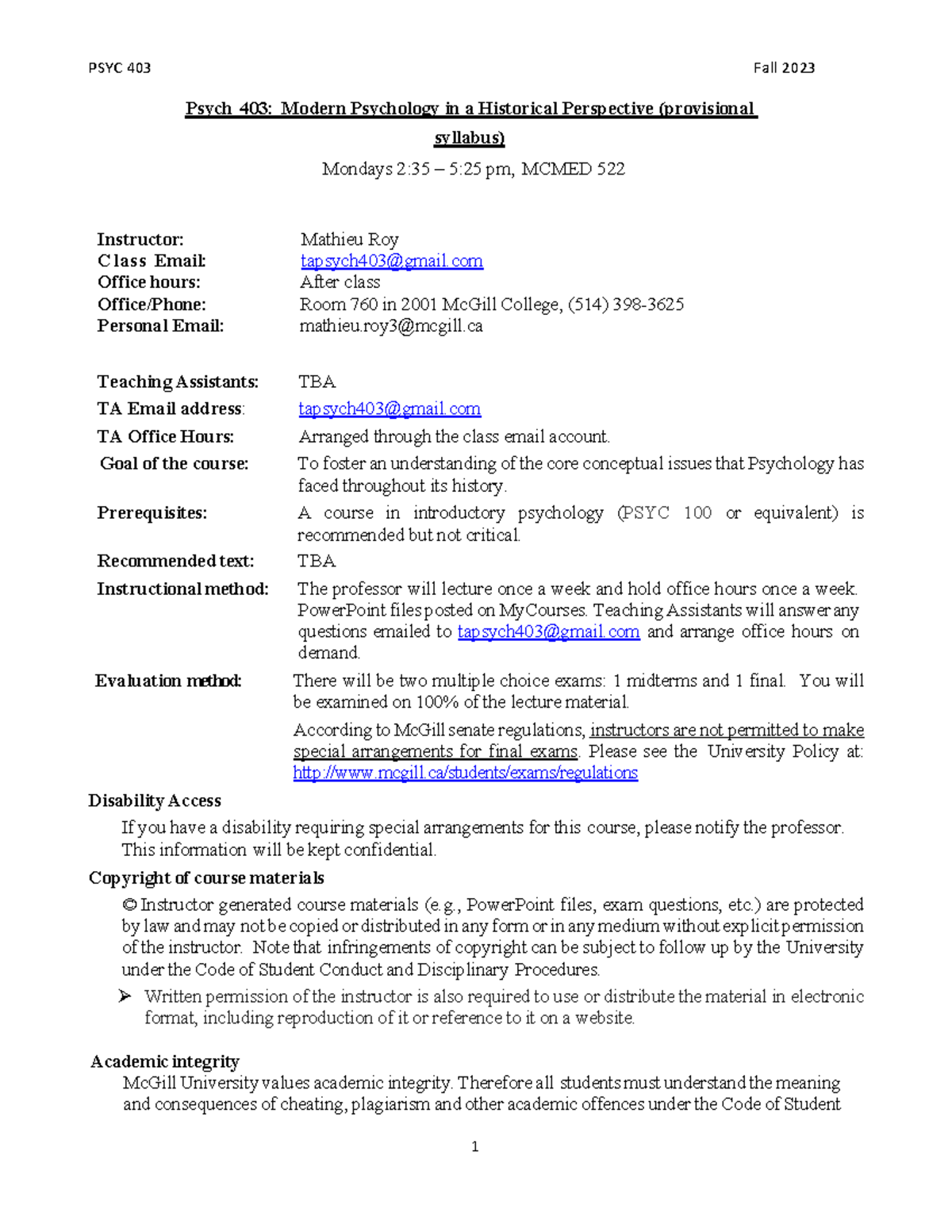 PSYC403 syllabus 2023 - PSYC 403 Fall 20 23 1 Psych 403 : Modern ...