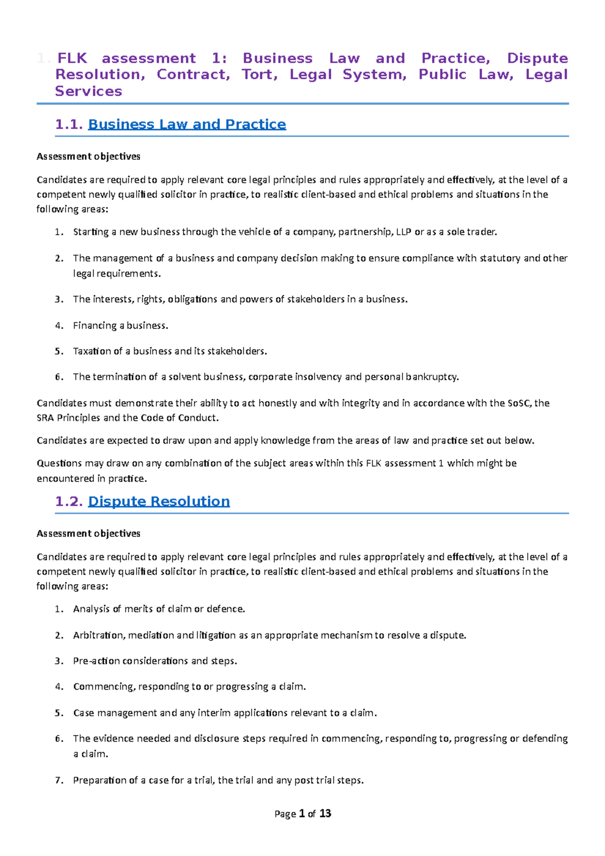 SQE 1 FLK 1 Syllabus - SQE specs - 1. FLK assessment 1: Business Law ...