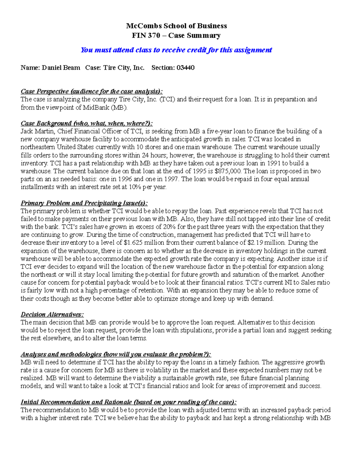 Student Case Summary 2 - Case Assignment Write Up - McCombs School of ...