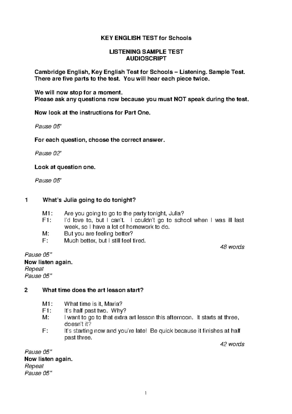 A2 Key For Schools 2020 Sample Tests Listening Tape Script Key