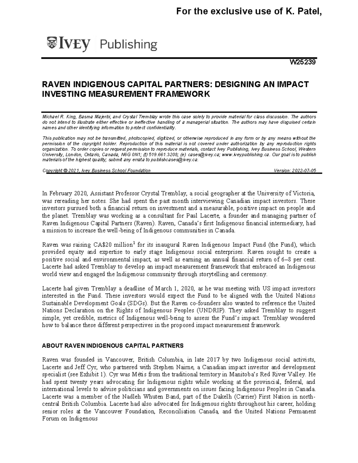 Case 2 Raven - case 2 - 2024. W RAVEN INDIGENOUS CAPITAL PARTNERS ...